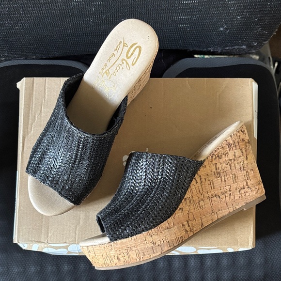 Sbicca | Shoes | Sbicca Sandals Black Woven Cork Wedges | Poshmark